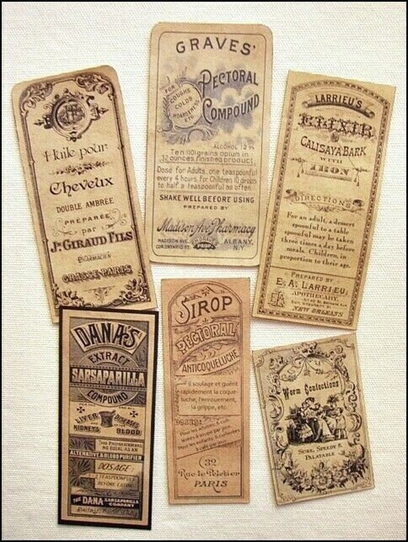 Set of 12 Elixir Syrup & Remedy Vintage Victorian APOTHECARY LABELS ...