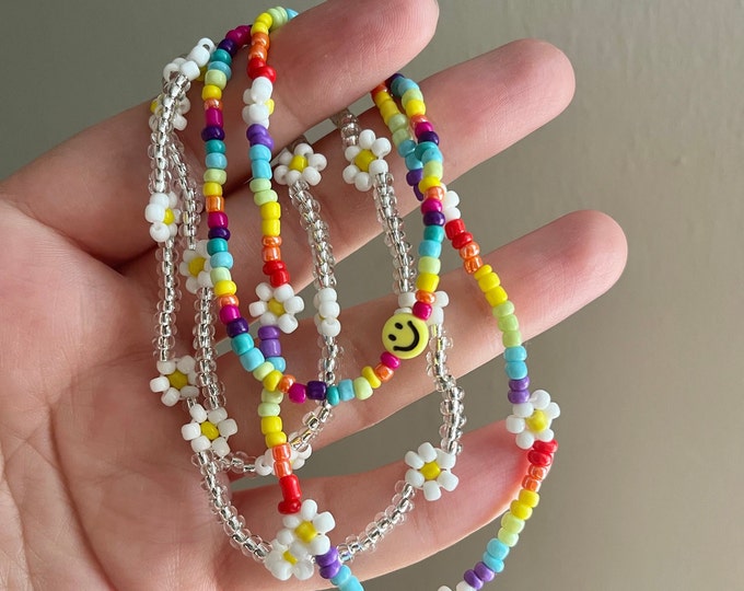 Rainbow Bead Anklet, Daisy Bead Bracelet, Stretchy Anklet, Summer Jewelry, Beach Anklet, Body ...