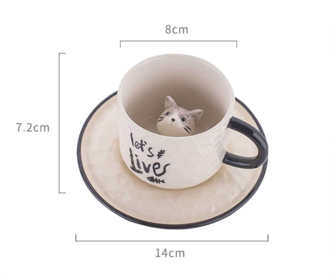 3D Cute Cat Ceramic Mug With Saucer Set for Tea or Coffee - Etsy