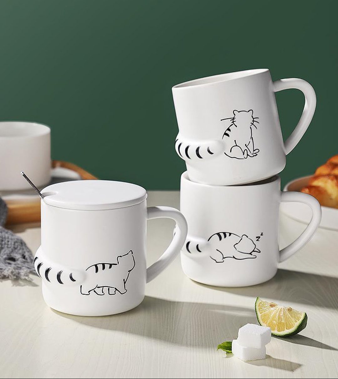 Puffy Cat Tail Ceramic Mug With Spoon and Lid | Cute 3D Kitty Tail Mug ...