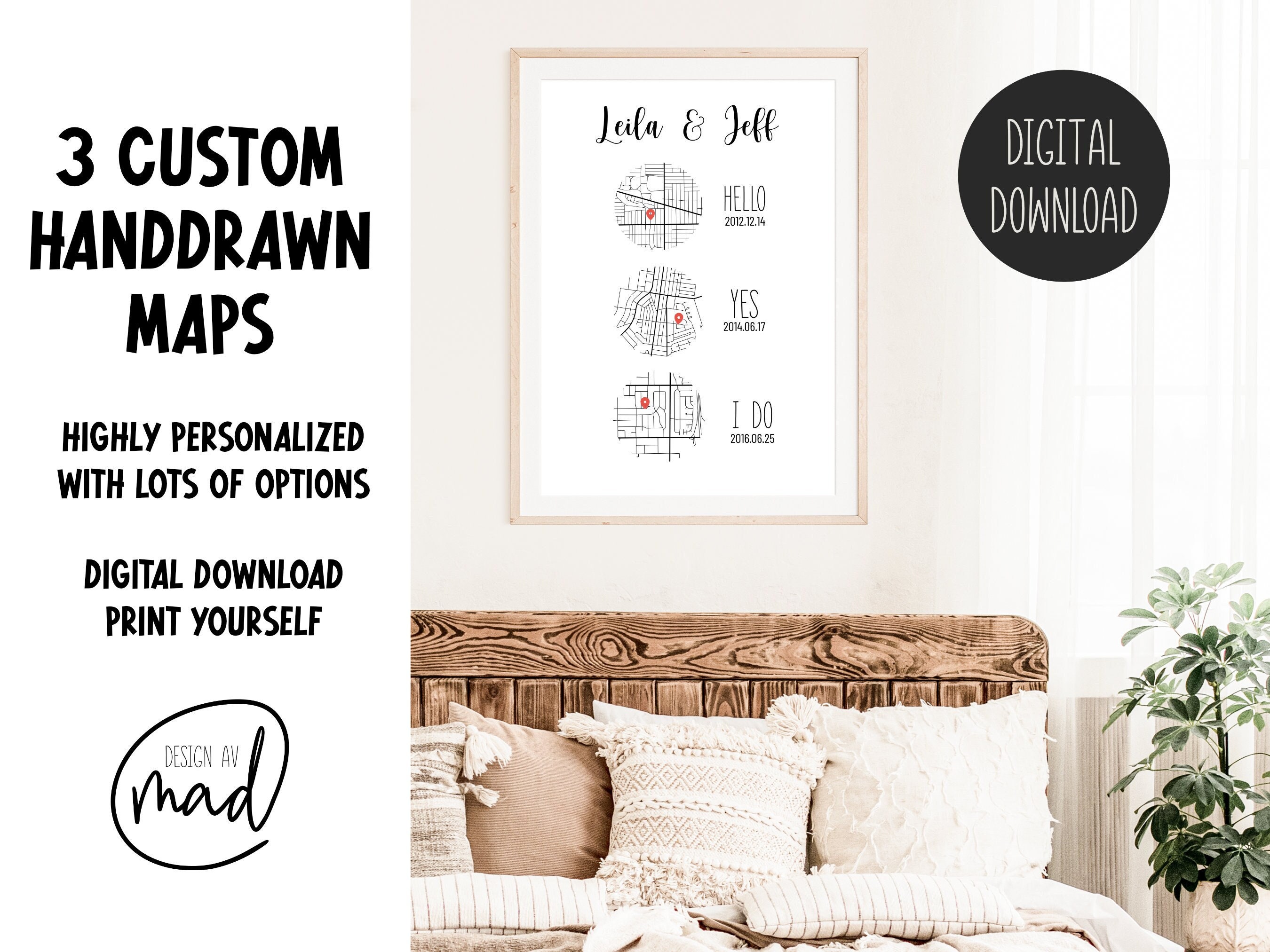 3 Custom Handdrawn Maps, Personalized Maps, Digital Print Poster, Where ...