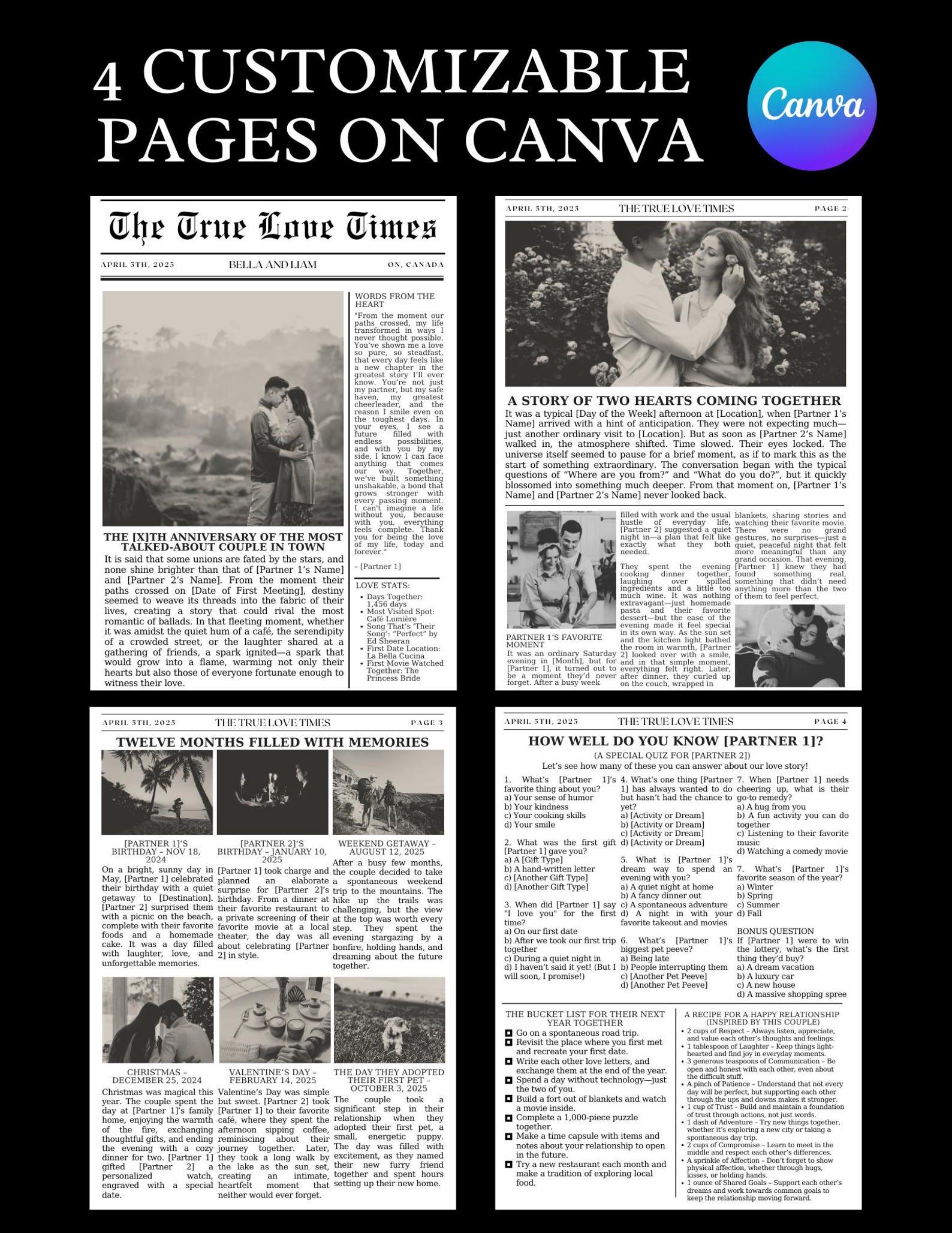 Couple Anniversary Newspaper Template, Any Year Anniversary Gift for ...
