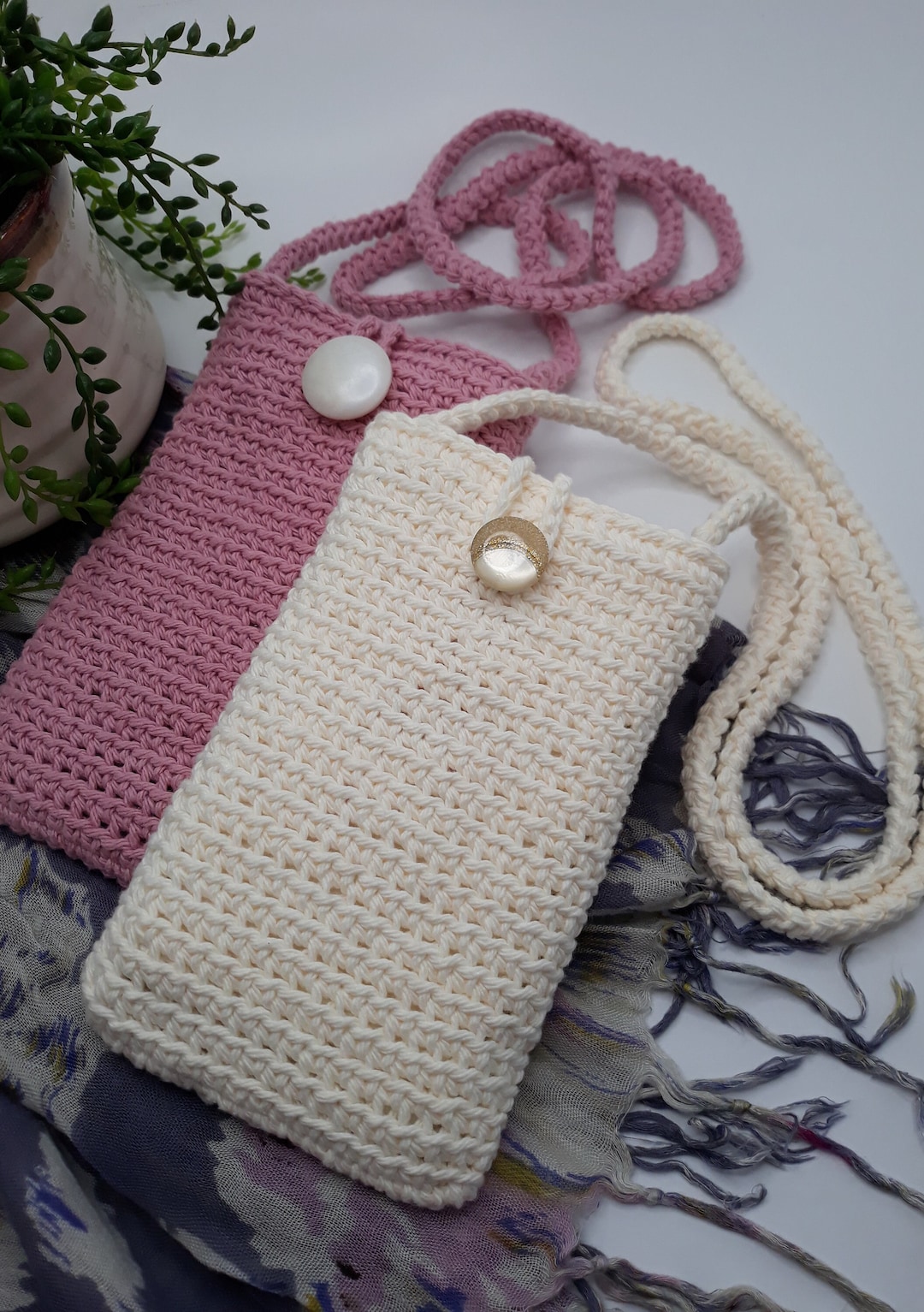Crochet Crossbody Cell Phone Purse, Handmade Cotton Mini Bag, Hands ...