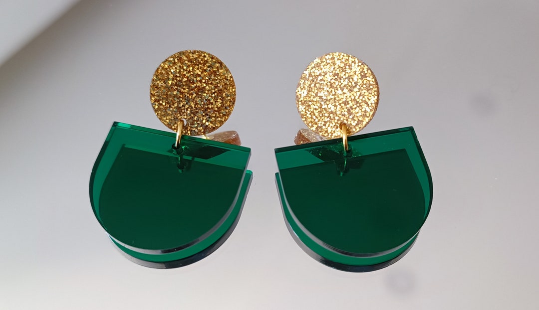 Gold Glitter and Green Acrylic Tab Earrings - Etsy