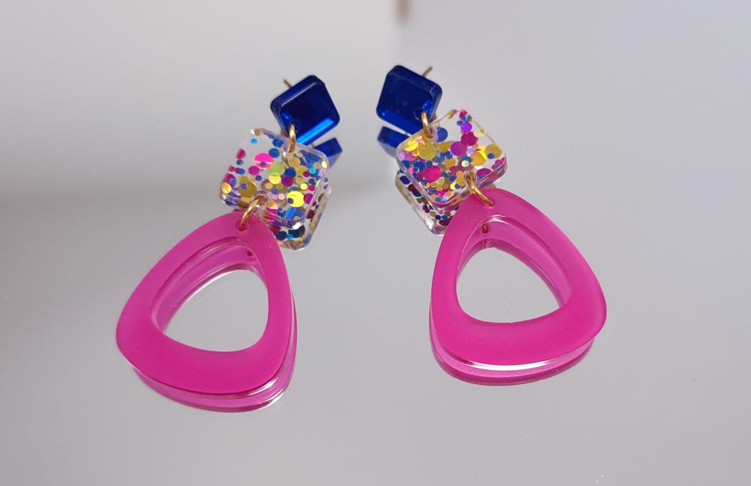 Harlequin Earring in Blue, Fuchsia Pink and Multi-colored Acrylic ...
