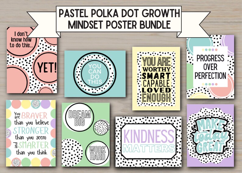 Growth Mindset, Inspirational, Kindness Poster Bundle -- Pastel Polka ...
