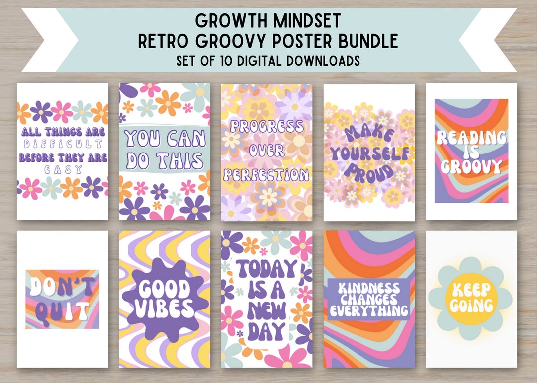 Retro, Groovy, Growth Mindset Poster Bundle (set of 10 Printable ...