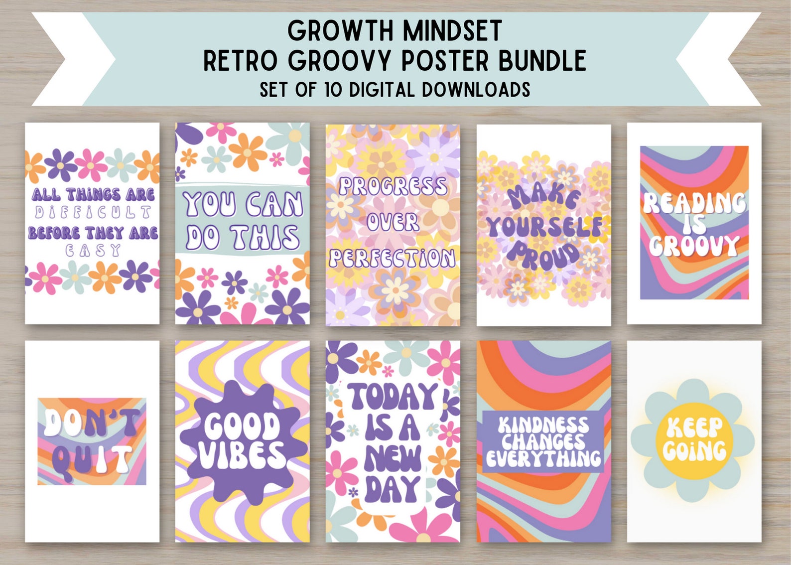 Retro, Groovy, Growth Mindset Poster Bundle (set of 10 Printable ...