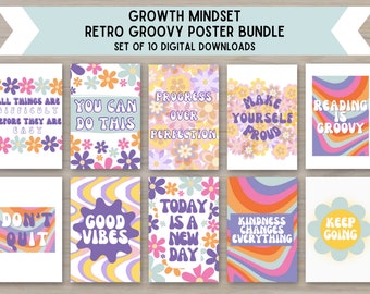 Retro Growth Mindset Classroom Poster Set of 6, Groovy Classroom Decor ...