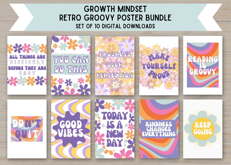 Retro, Groovy, Growth Mindset Poster Bundle (set of 10 Printable ...