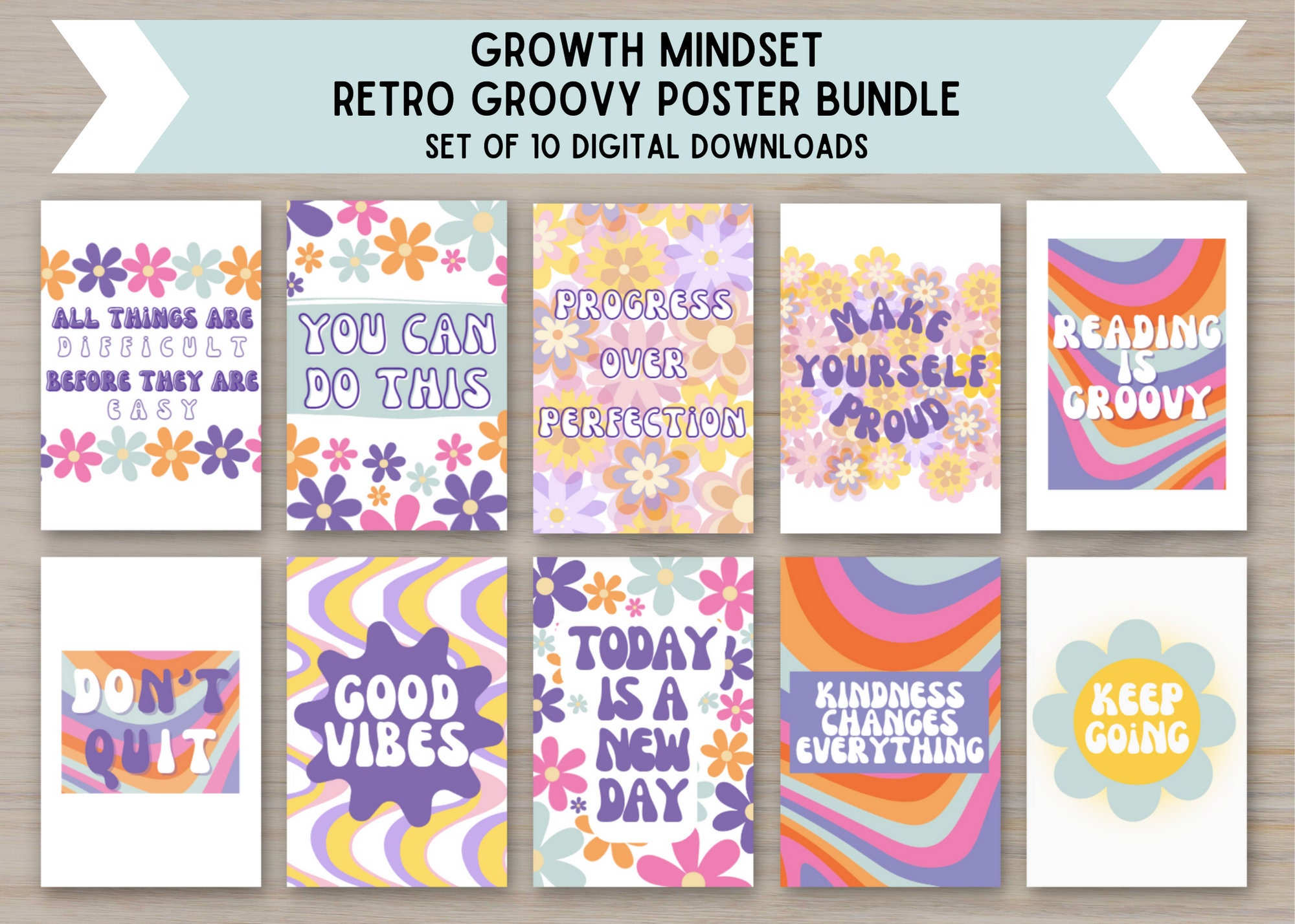 Retro, Groovy, Growth Mindset Poster Bundle (set of 10 Printable ...