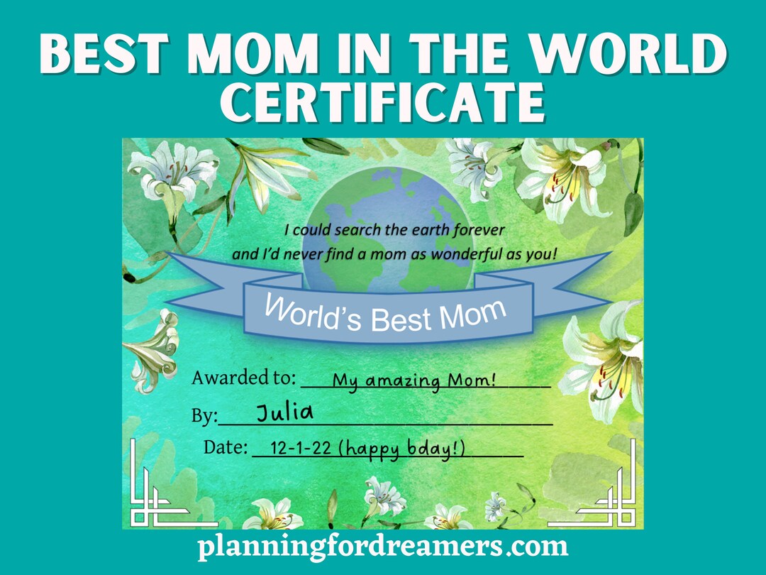 Printable PDF World's Best Mom Certificate Earth - Etsy
