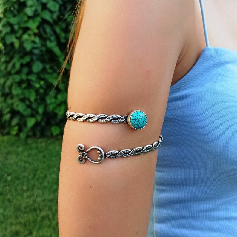 Hammered Silver Arm Cuff – Turquoise Gemstone Upper Arm Bracelet - Etsy