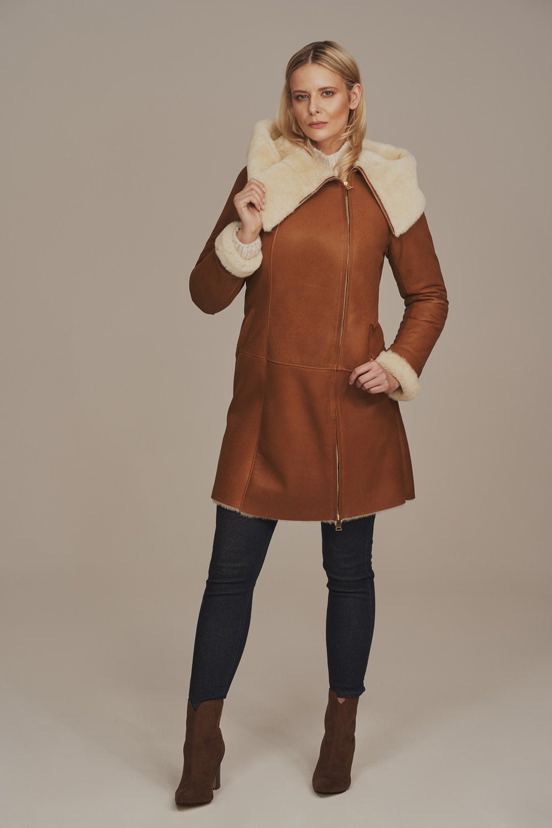 Women's Long Sheepskin Coat | Long Winter Brown Shearling Coat ...