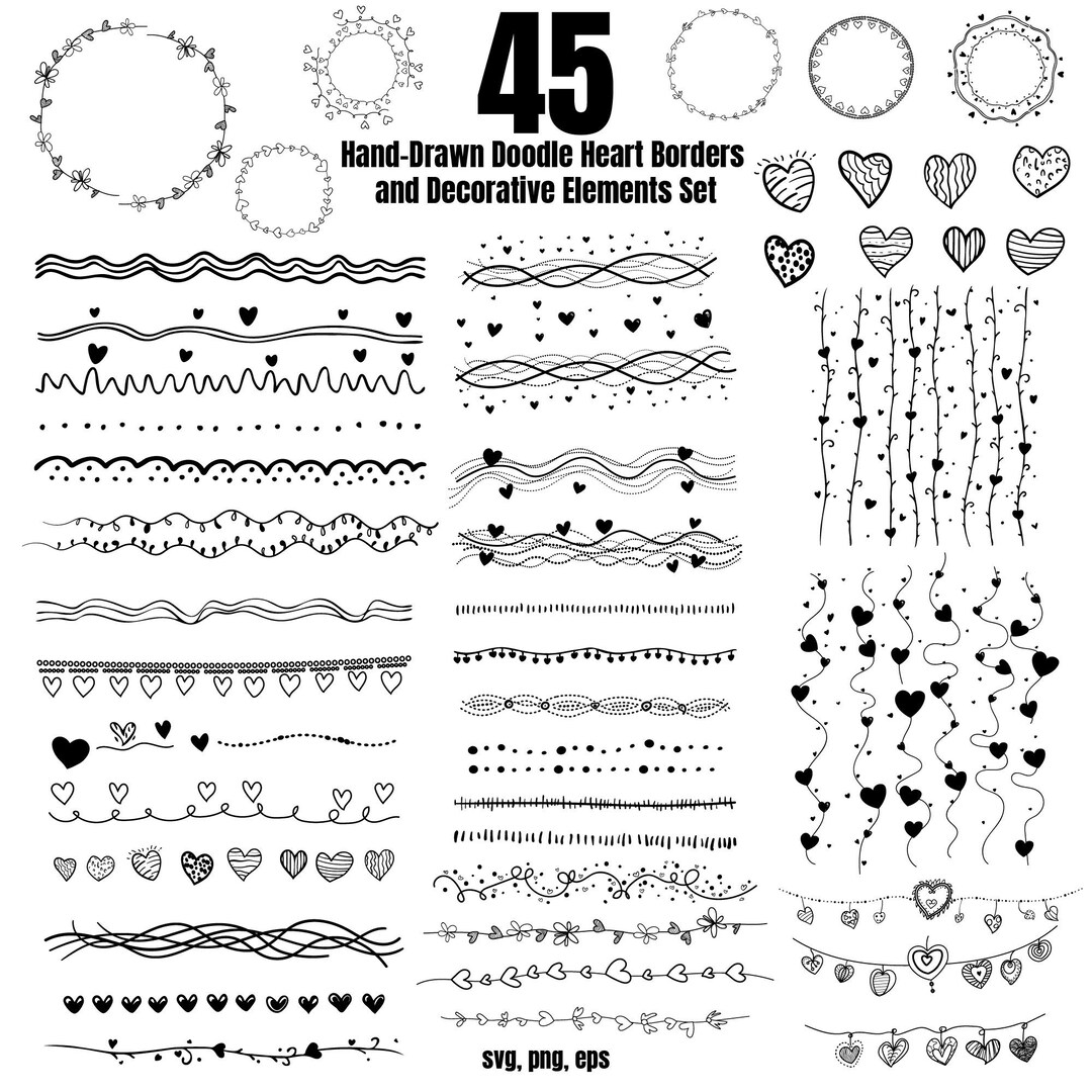 45 Whimsical Heart Doodles - Digital Border & Decor Pack - SVG, PNG ...