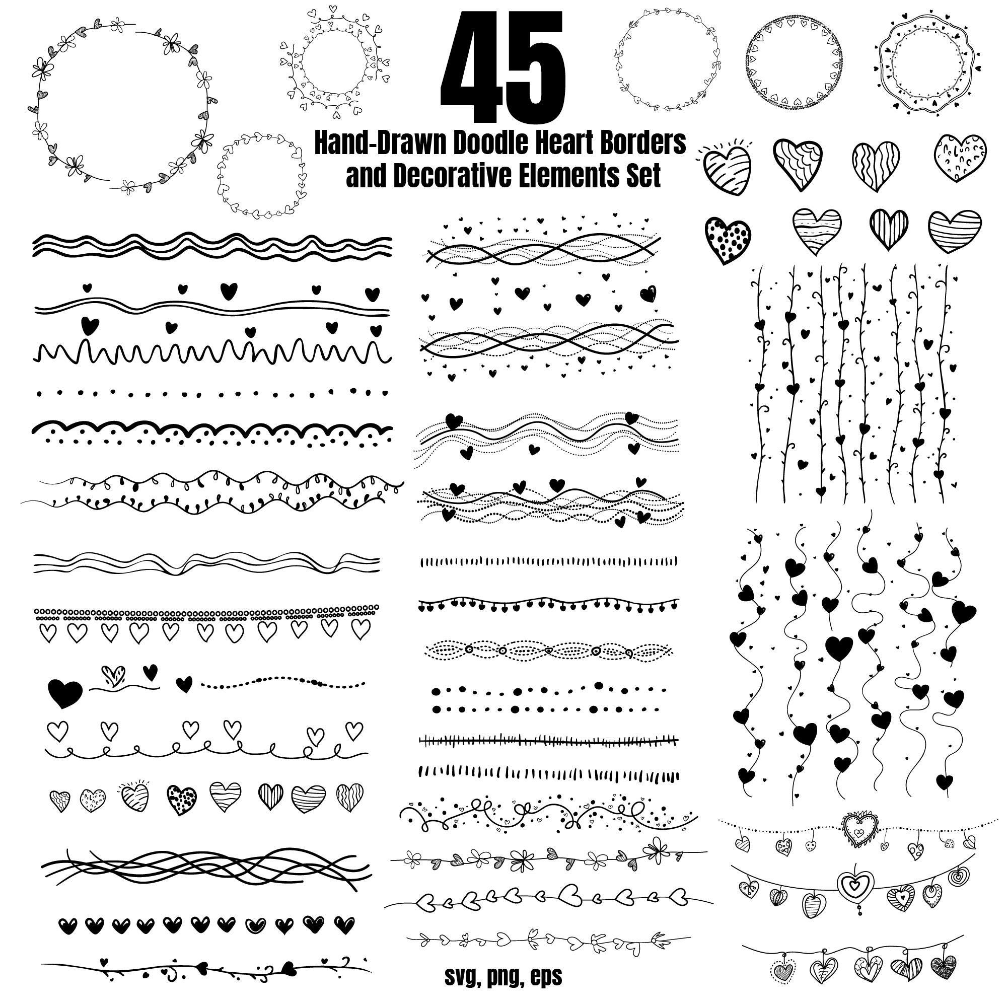 45 Whimsical Heart Doodles Digital Border & Decor Pack SVG, PNG, EPS ...