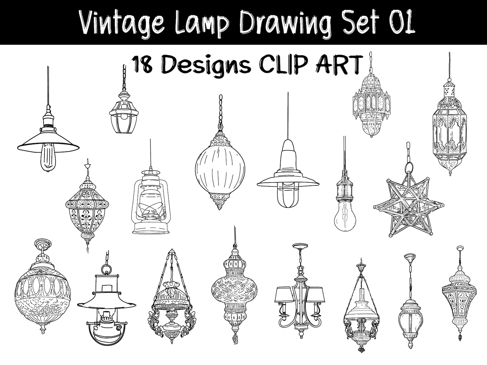 Vintage Lamp Set, Hand-drawn Lantern, Hanging Lamp, Lamp Element for ...