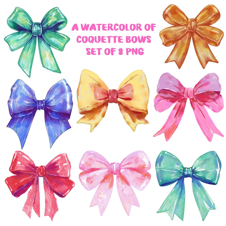 Watercolor Coquette Bows – Set of 8 PNG, Elegant Hand-painted Bow ...