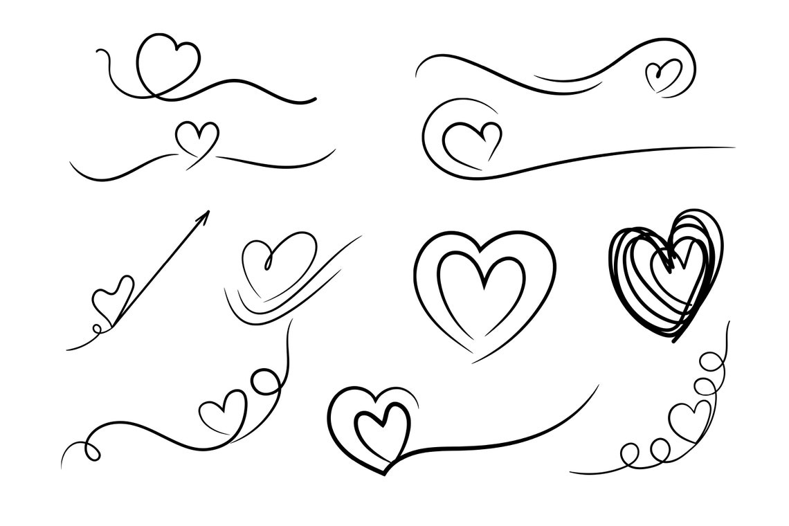Freehand Heart Lines Bundle, Collection of Hand Drawn Heart Lines, SVG ...