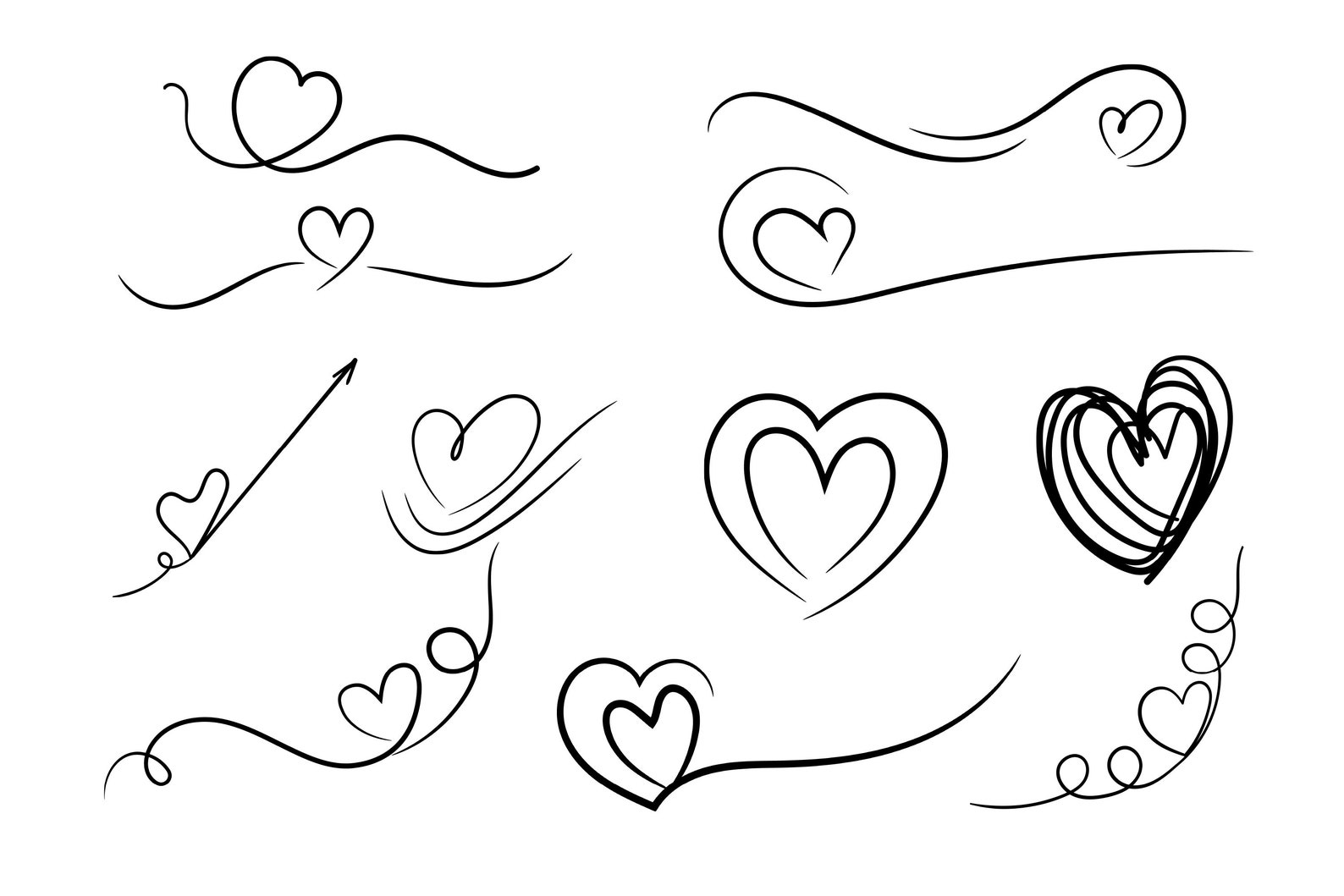 Freehand Heart Lines Bundle, Collection of Hand Drawn Heart Lines, SVG ...