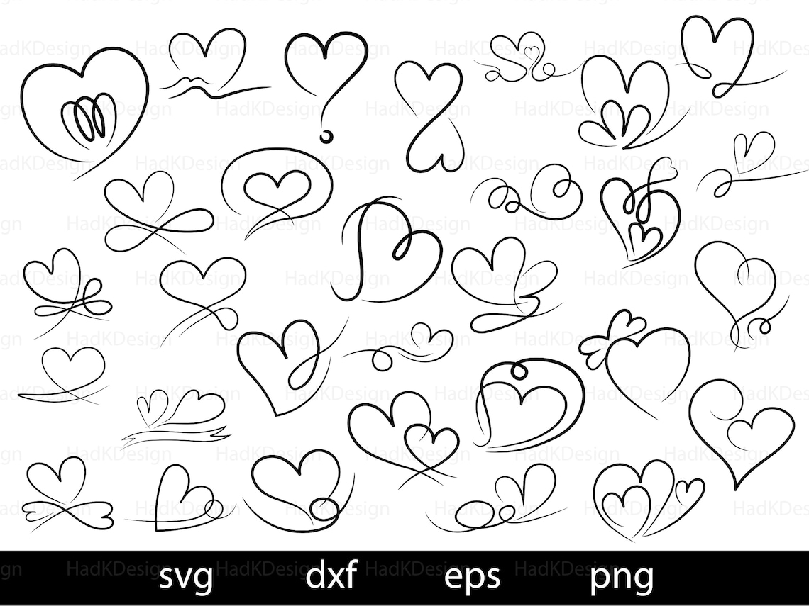 30 Hand Drawn Line in Heart Shape, Heart Drawing Element for Valentine ...