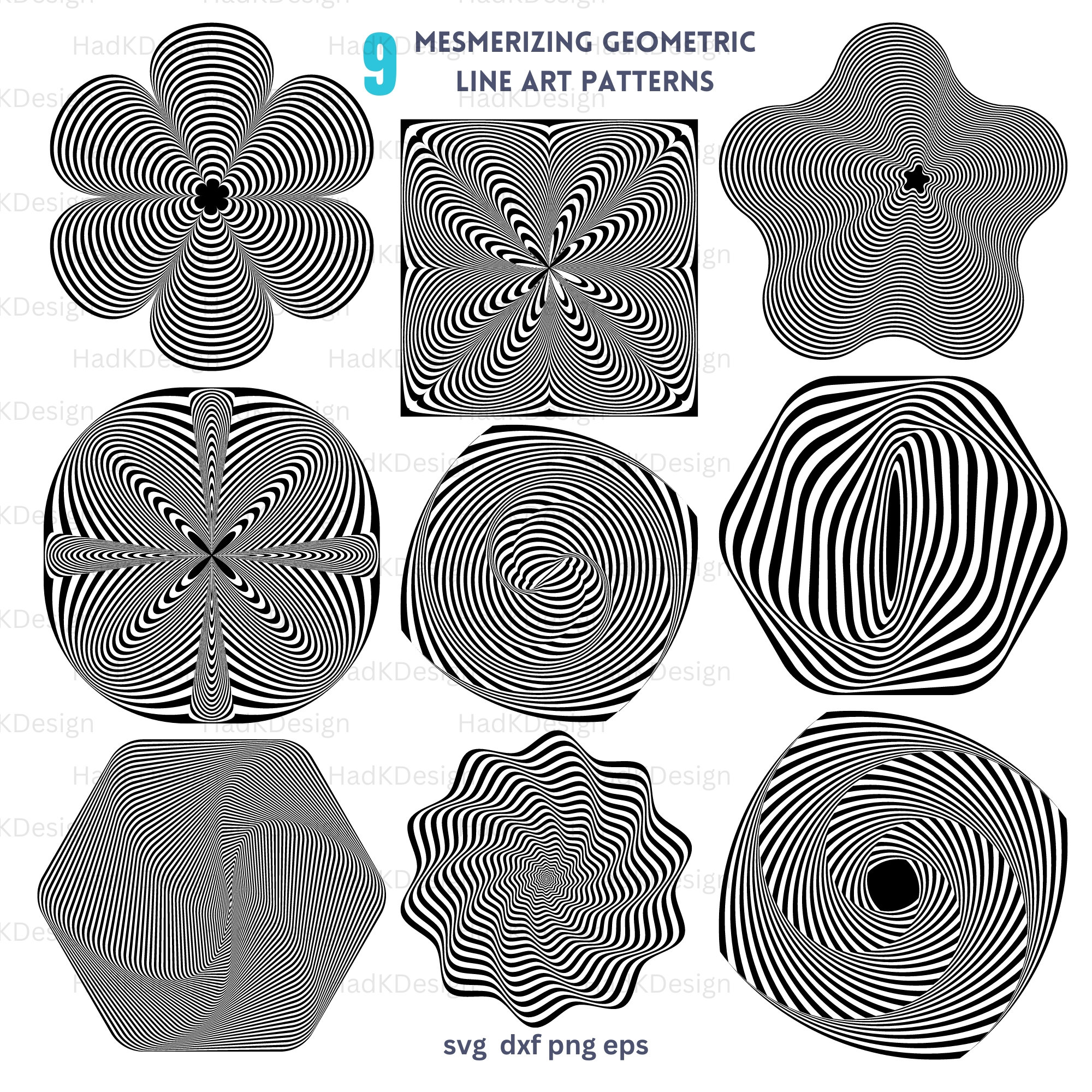 9 Mesmerizing Geometric, Hypnotic Line Art Patterns - Digital Download ...