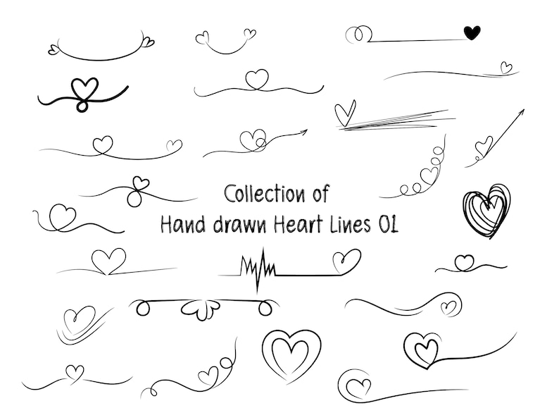 Freehand Heart Lines Bundle, Collection of Hand Drawn Heart Lines, SVG ...