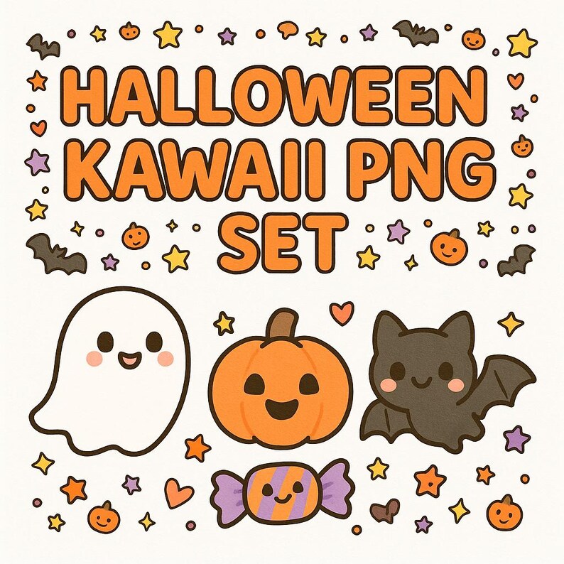Halloween Kawaii PNG Clip Art Set | Cute Ghosts, Pumpkins, Bats ...