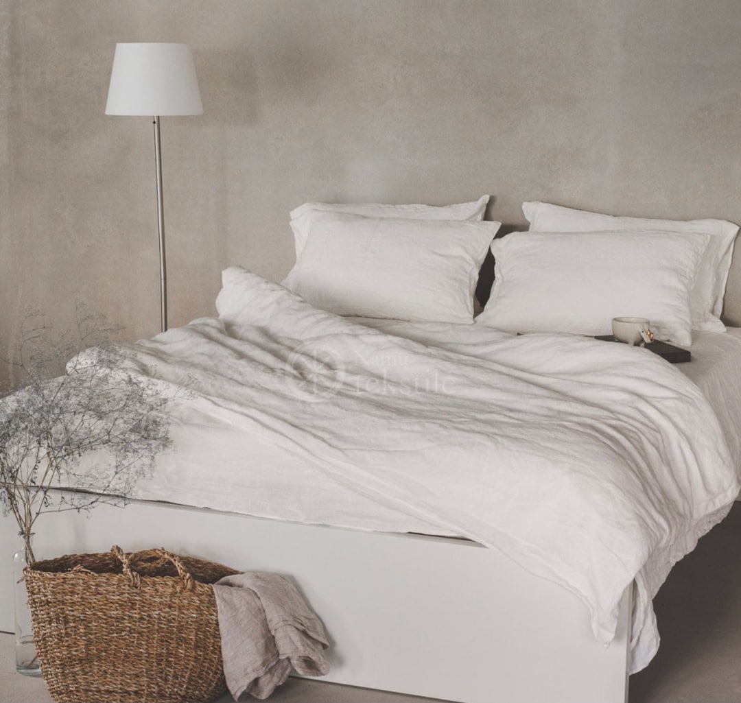 White Linen Bed Set Organic Stonewashed Pure Natural Linen Bedding ...