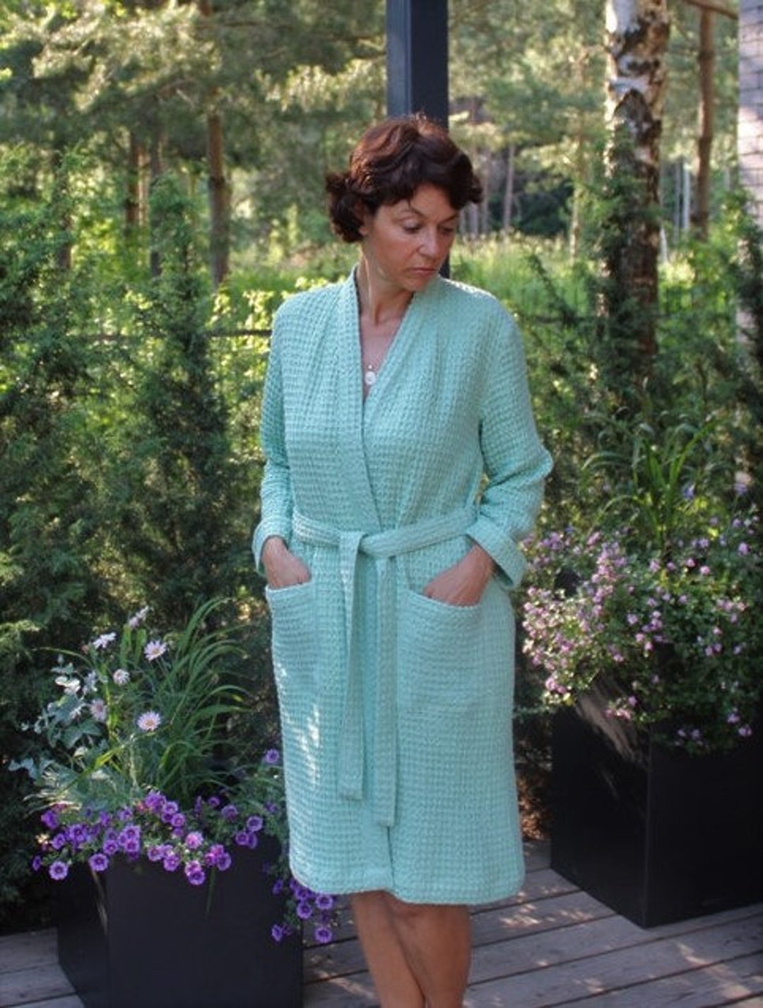 Lino verde claro bata de mujer waffle-estampado albornoz suave lino ...