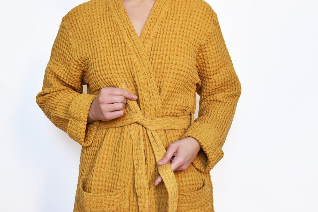 Pure Natural Mustard Yellow Color Waffle Linen Robe Stonewashed Waffle ...
