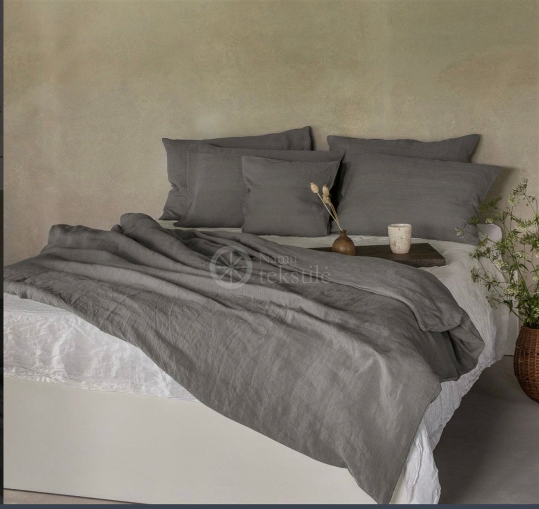Dark Grey Linen Bed Set Organic Stonewashed Pure Natural Linen Bedding ...