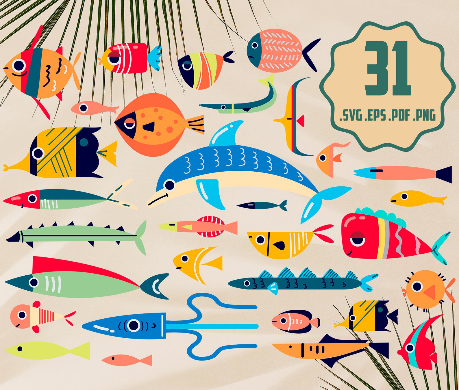 Sea Creature SVG Illustration Bundle Fish Sea Vector Art Set - Etsy