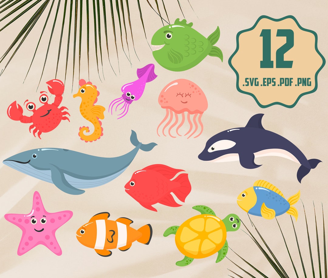 Ocean Creatures SVG Illustration Bundle Fish Vector Art Set - Etsy