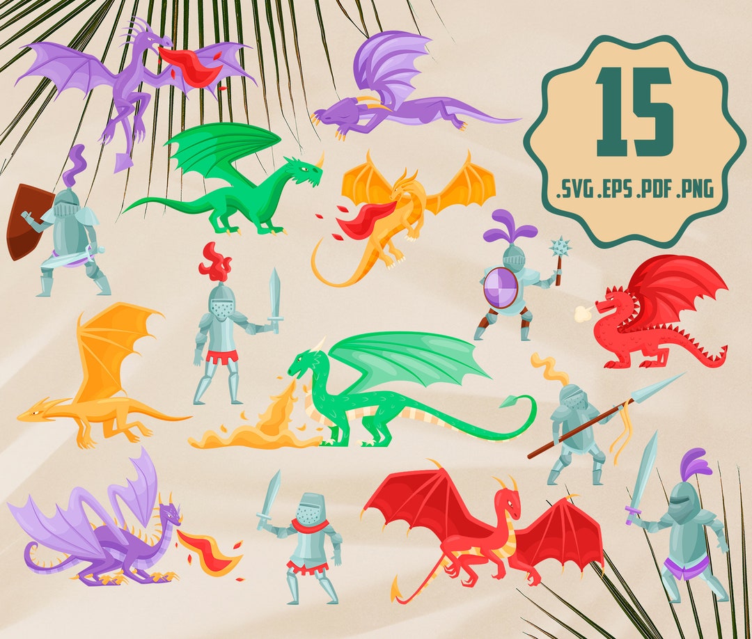 Dragon and Knight SVG Illustration Bundle, Fairytale Character Vector ...