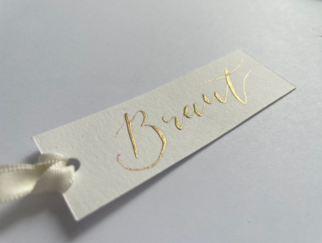 Wedding Name Tags, Gold, Place Cards, Hand Calligraphed, Uncoated Paper ...