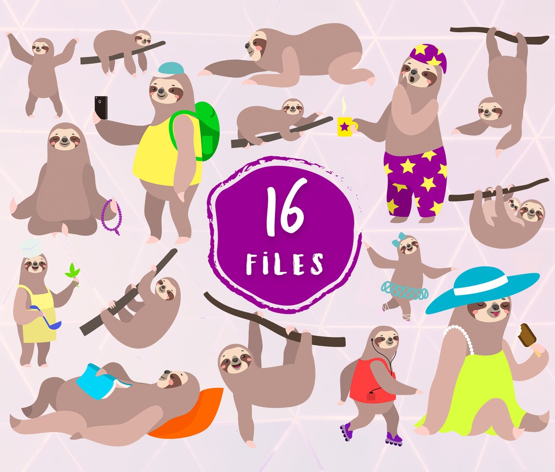 Cute Cartoon Sloth SVG Illustration Bundle Adorable Animal | Etsy