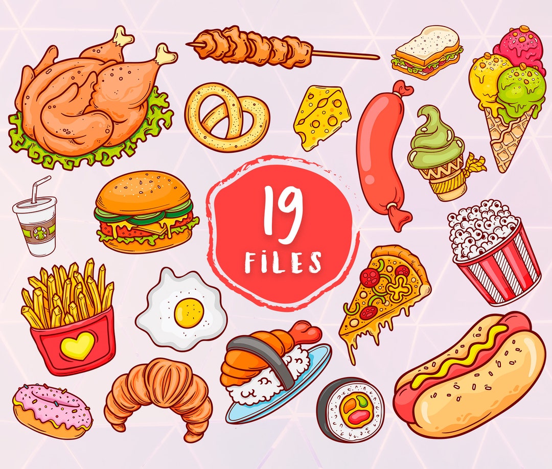 Food Color Doodles SVG Bundle, Tasty Food EPS Set, Fast Food Clipart ...