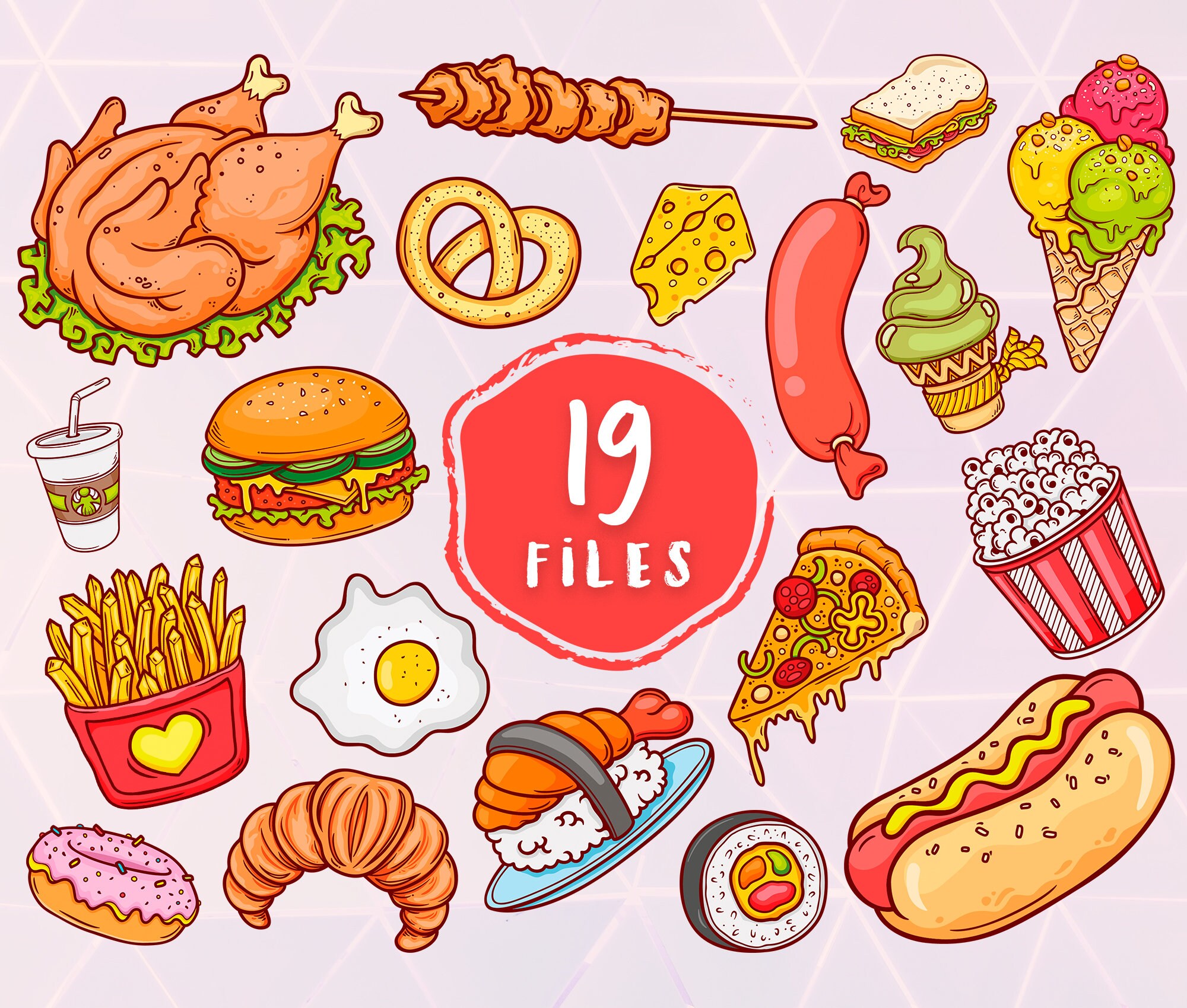 Food Color Doodles SVG Bundle, Tasty Food EPS Set, Fast Food Clipart ...