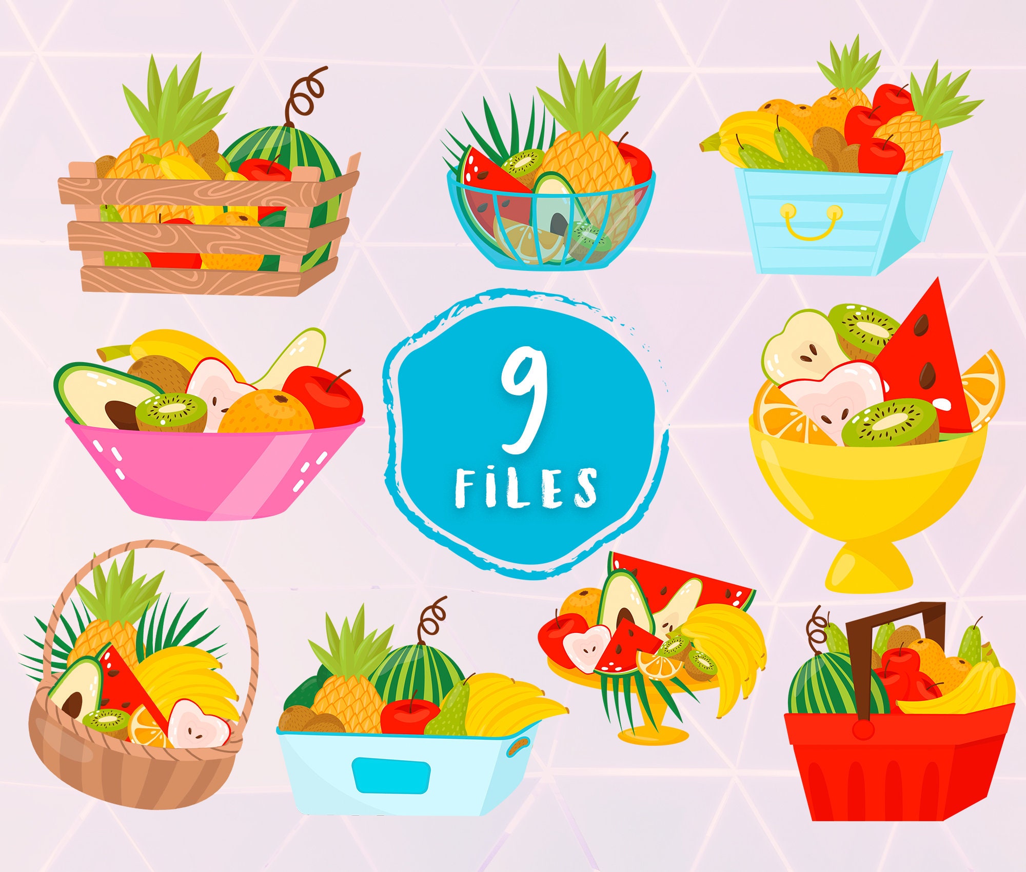 Obstkorb SVG Illustration Bundle, Obst im Korb Vektor Art Set, Früchte ...