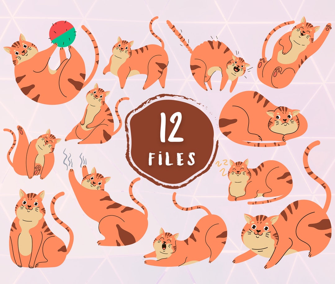 Cute Ginger Cat SVG Illustration Bundle, Funny Kitten Playing EPS Set ...