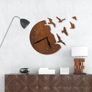 Birds Wooden Clock, Bird Flying Clock, Modern Wall Clock, Nature Wall ...
