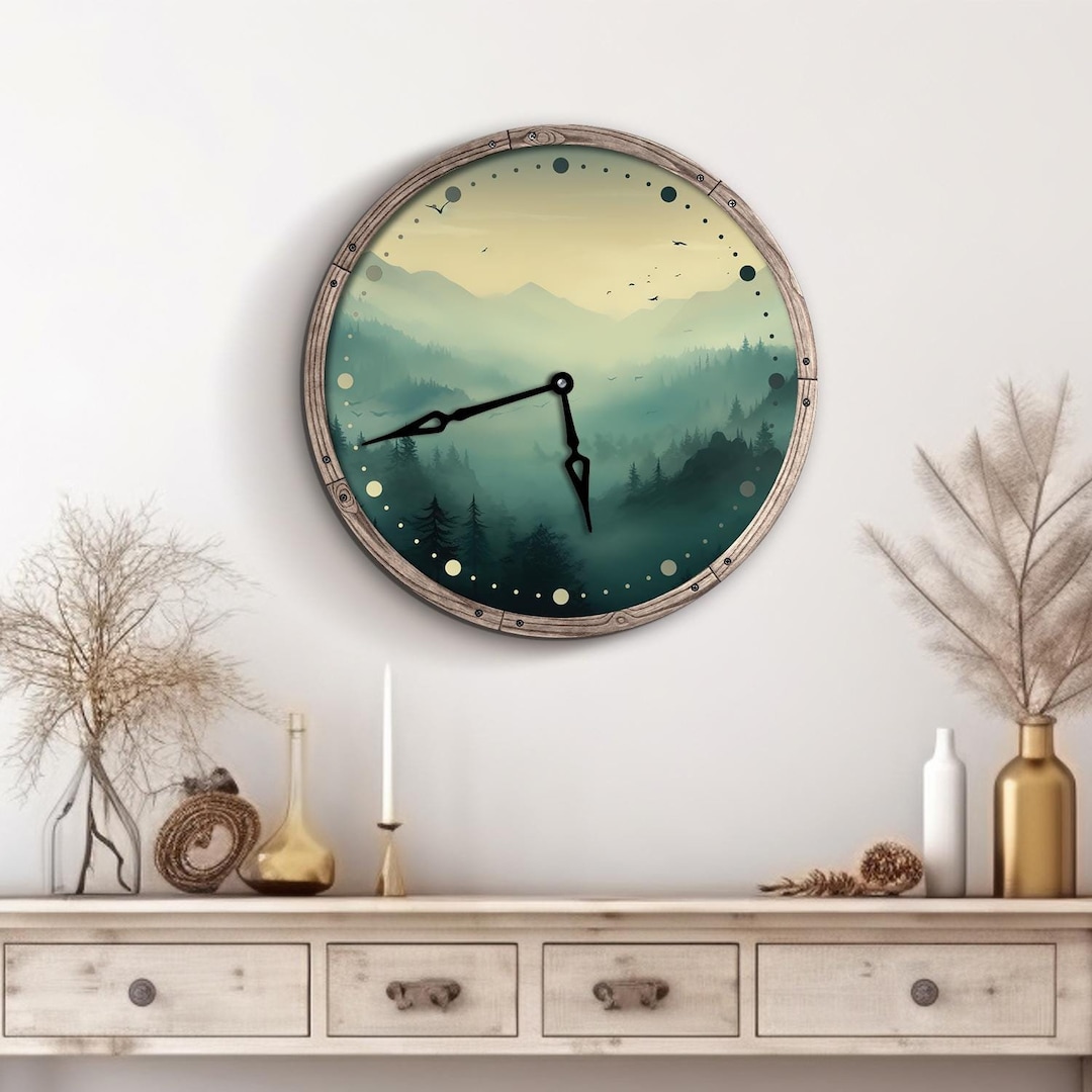 Mountain Pine Tree Wall Clock, Foggy Forest Wall Clock, Woodland Wall ...