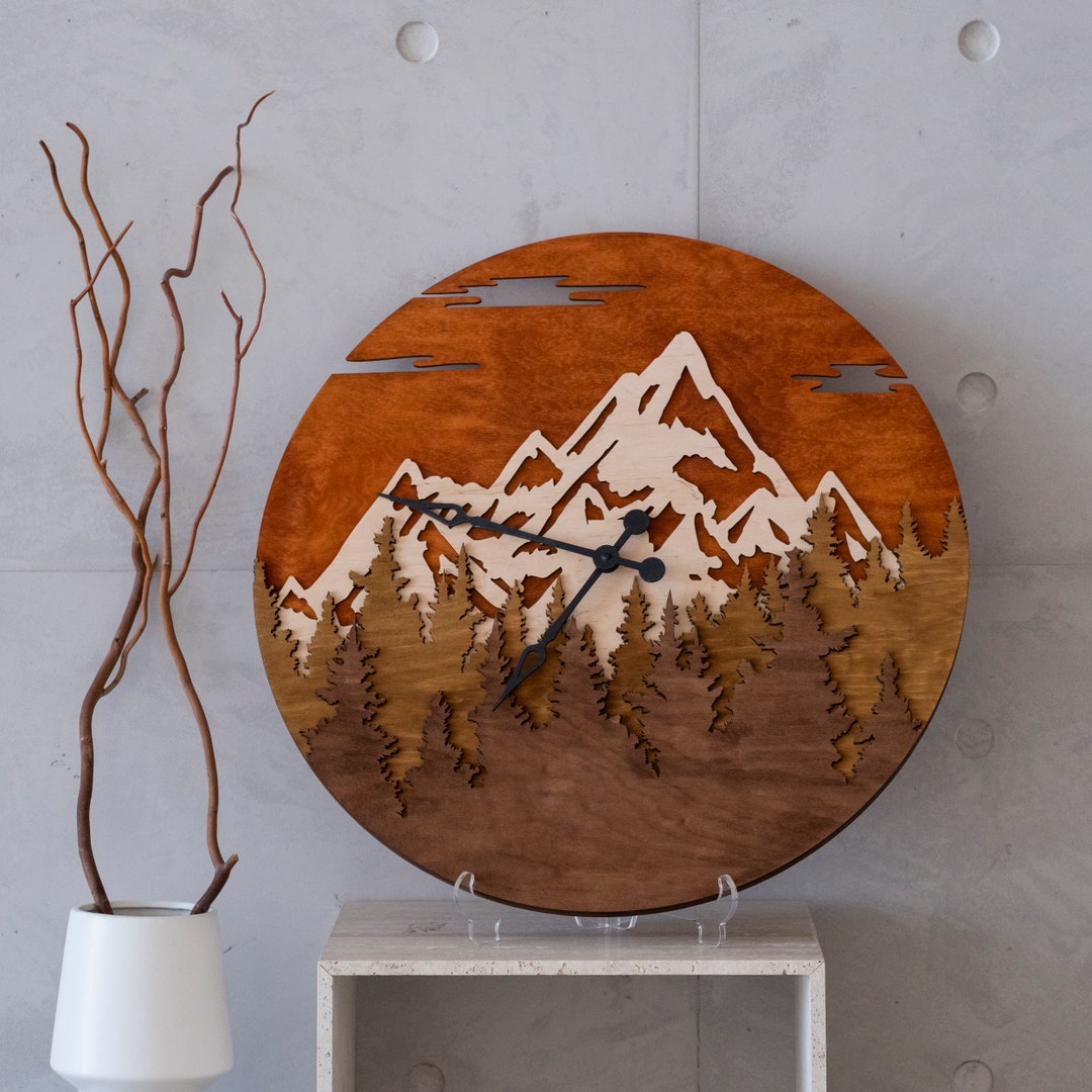 Mountain Scene Wall Clock, Nature Wall Clock, Wooden Wall Clock, Woodsy ...