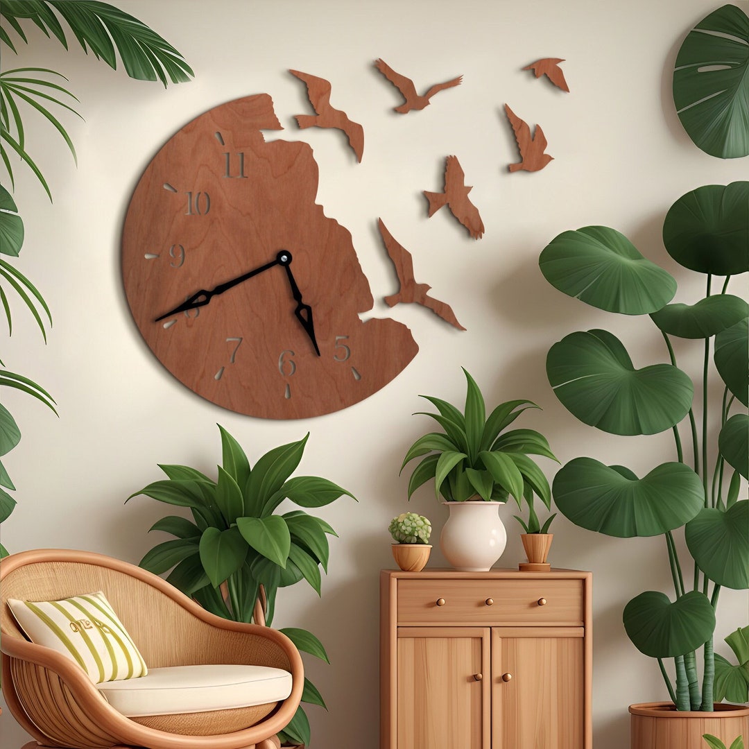 Birds Wooden Clock, Bird Flying Clock, Modern Wall Clock, Nature Wall ...