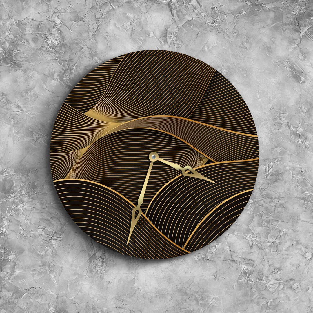 Black and Gold Wall Clock, Modern Wall Clock, Minimalist Clock, Wave ...