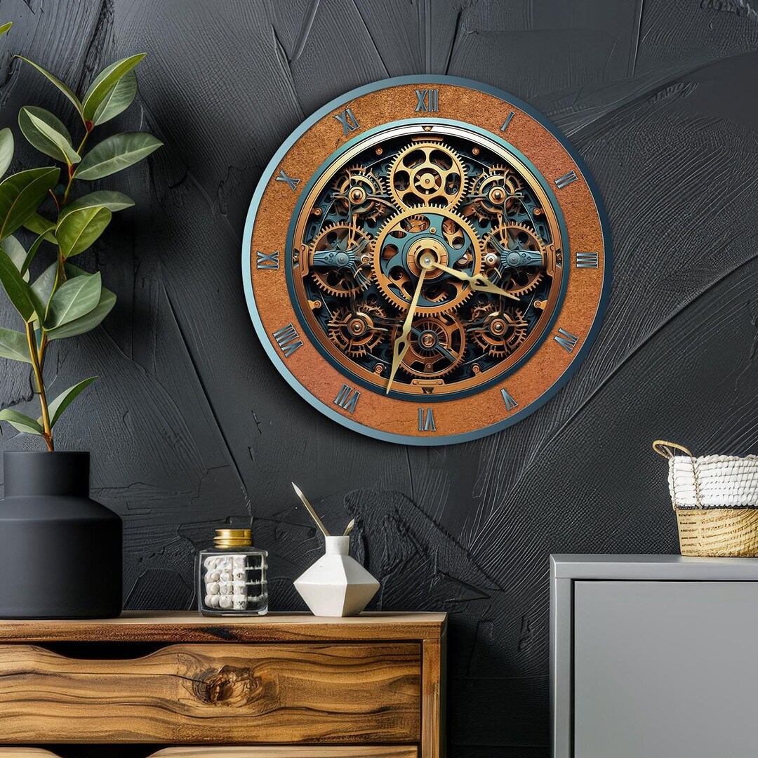 Steampunk Wood Wall Clock, Industrial Gear Clock, Mechanical Wall Clock ...