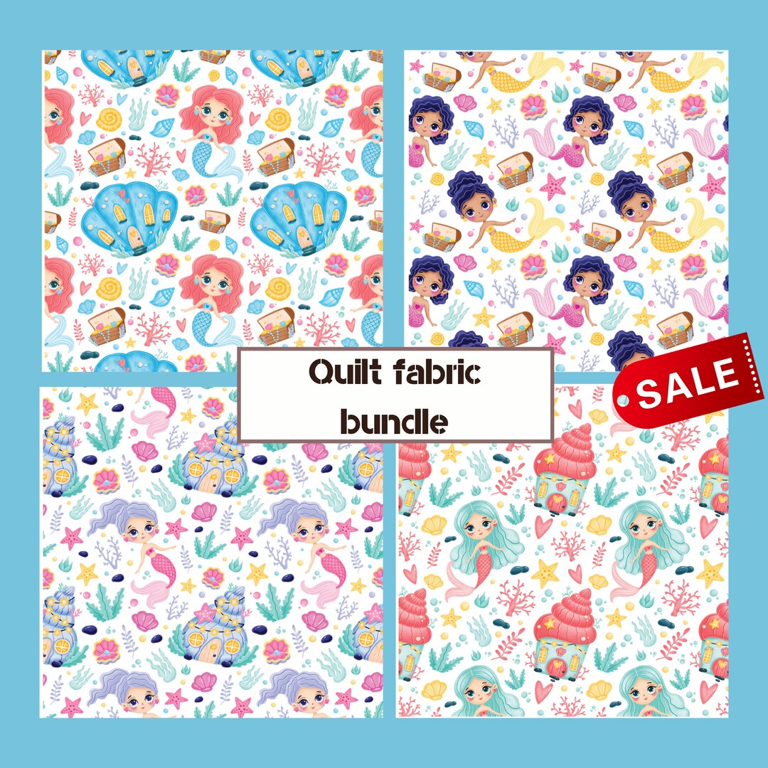 Little Mermaid Fabric Panels for Baby Quilts, Sea Life Fabric Bundle ...