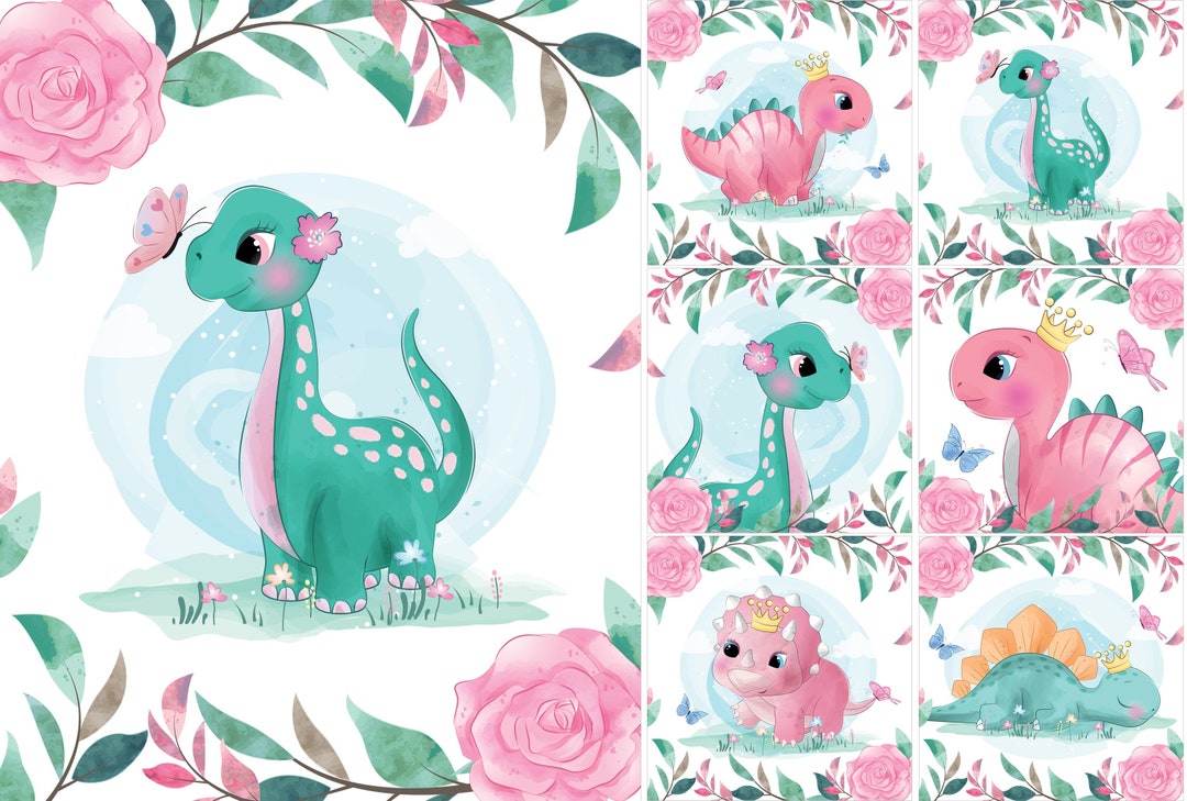 Baby Girl Dinosaur Fabric Panels With Pink Flowers Cute - Etsy