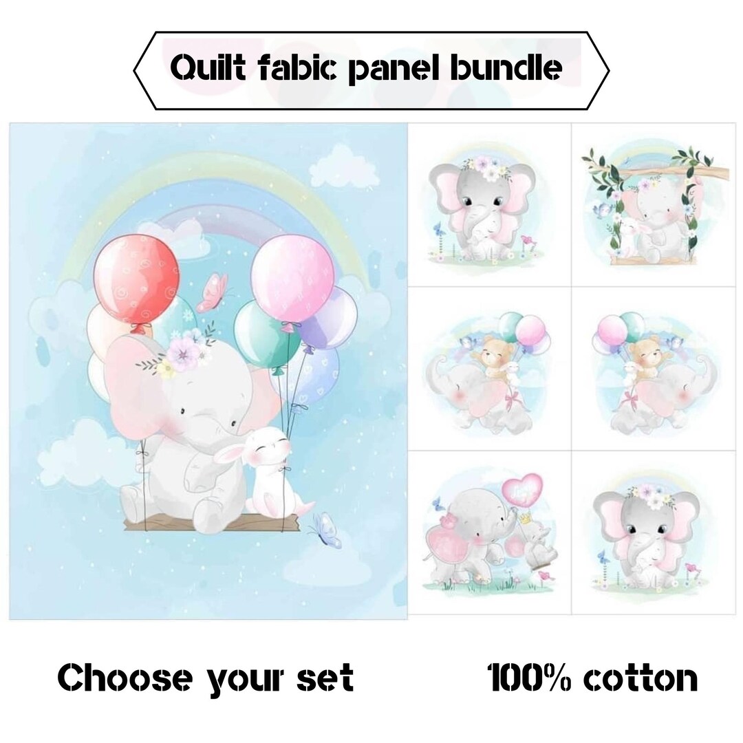 Baby Elephant Quilt Fabric Panel, Cute Nursery Fabric Panels for ...